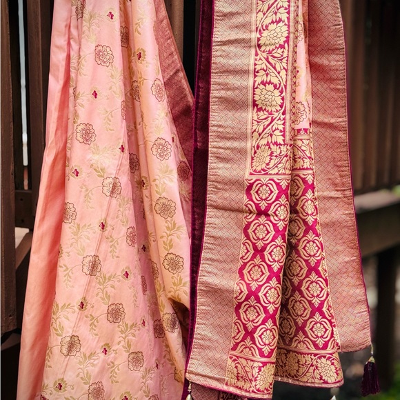 Dresses | Elegant Peach And Gold Floral Sari | Poshmark